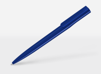 A twist-action ballpoint pen with a dark blue barrel made from 100% ...