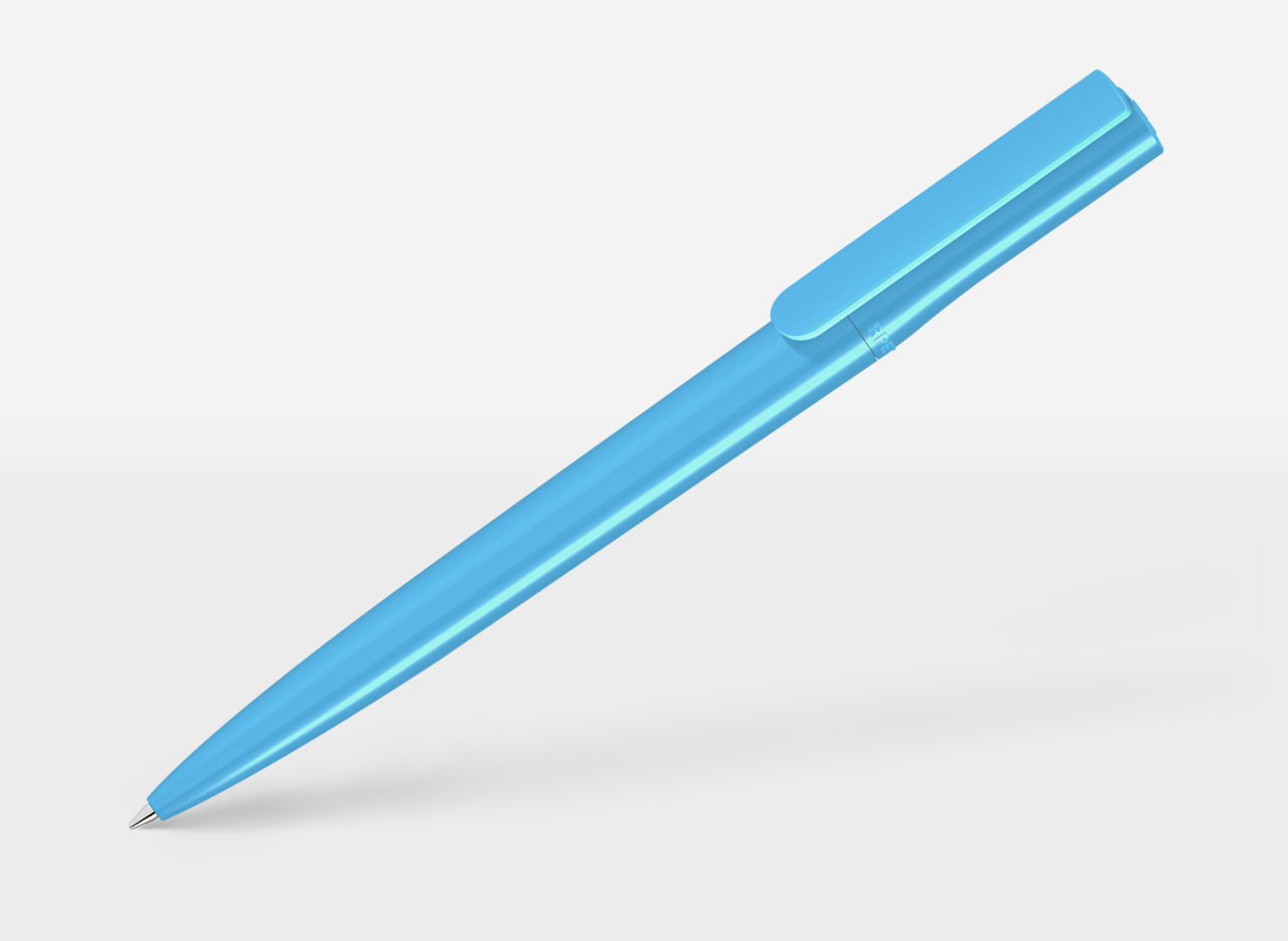 A twist-action ballpoint pen with a light blue barrel made from 100% ...